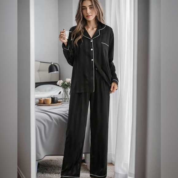Intimates & Sleepwear | Satin Pin Striped Black Pajama Set With White ...